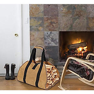 TQVAI 3 Tier Indoor Firewood Rack Outdoor Log Storage with Fire Tools Hanging Hooks and Waxed Canvas Fire Wood Carrier Bag Stacking Fireside Lumber Holder, Black