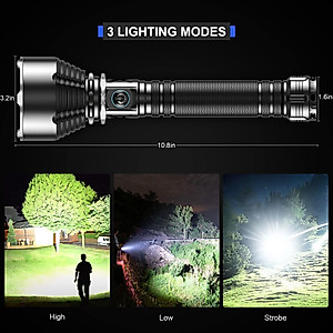 AMZGOGO Flashlights High Lumens Rechargeable, 250000 Lumens Super Bright LED Flashlight with USB Cable, Brightest Flash Light with 3 Modes Waterproof, Powerful Handheld Flashlight for Home, Camping