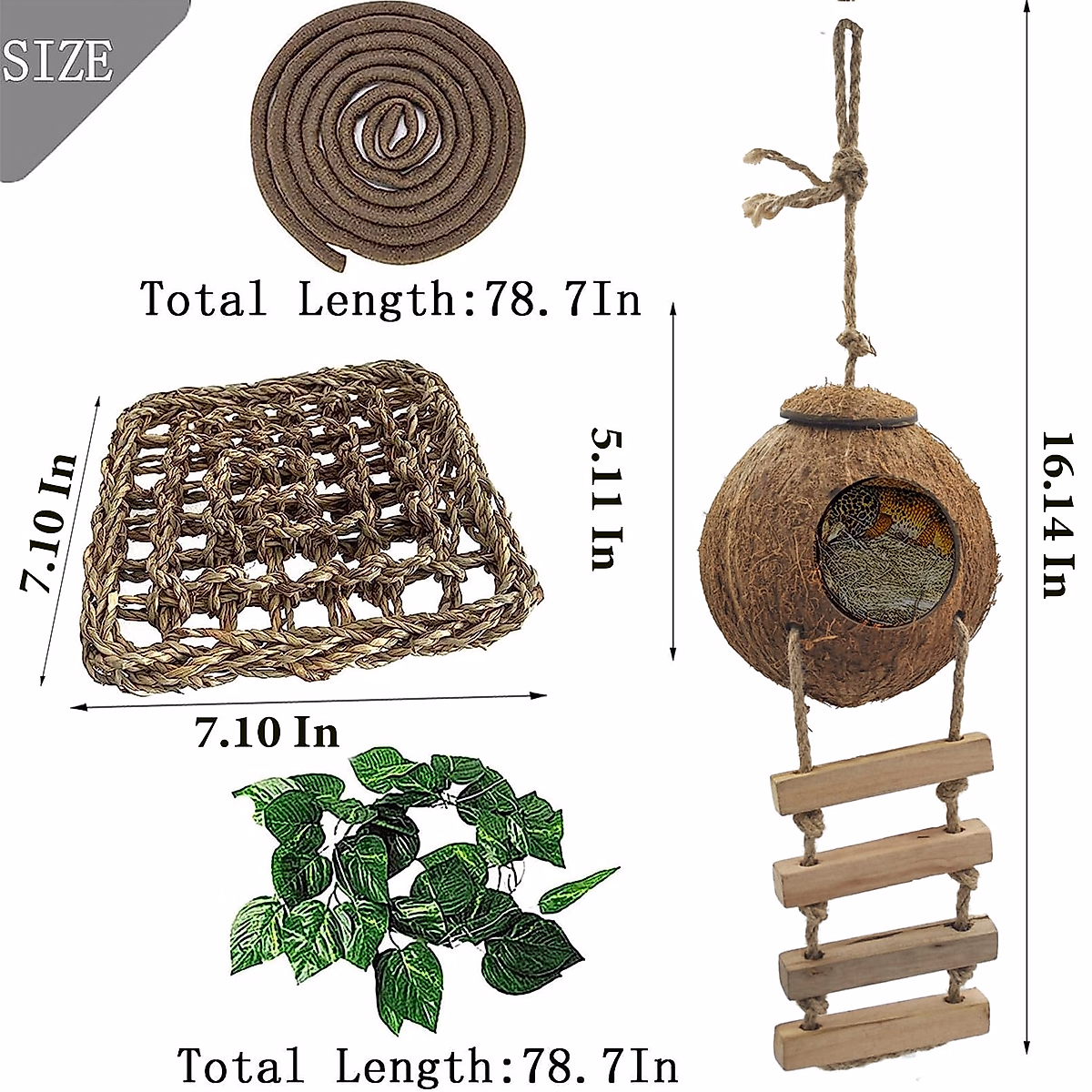 MUYG 5PCS Coconut Hut for Gecko, Lizard Coco Den with Ladder and Reptile Hammock Bearded Dragon Tank Accessories Climbing Hanging Plants Jungle Vine Flexible Reptile Leaves Decor