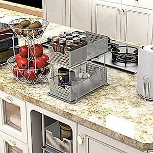 SimpleHouseware 2 Tier Sliding Cabinet Basket Organizer Drawer, Silver