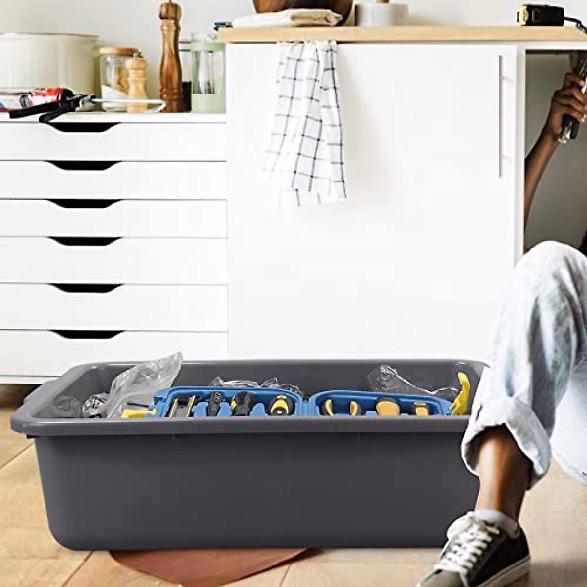 Fiazony Large Plastic Bus Boxes, Gray Commercial Plastic Tubs, 32 L, 4 ...