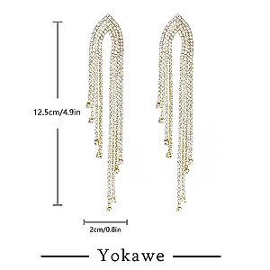 Yokawe Zinc Tassel Dangle Drop Earrings Gold Sparkly Rhinestone Earrings Boho Statement Long Chain Crystal Chandelier Earring Wedding Hook Ear Jewelry for Women and Teen Girl