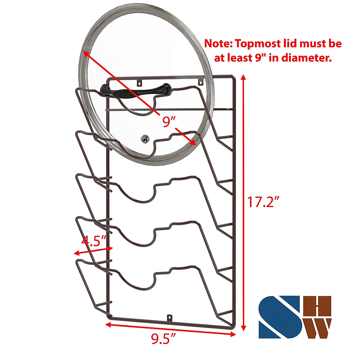 Simple Houseware Wall Door Mounted Pot Lid Rack, 9.5" Wx4.5 Dx17.2 H, Bronze Finish