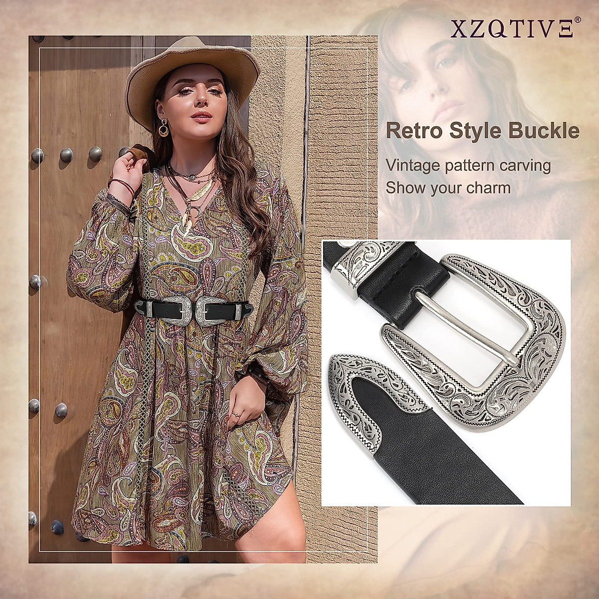 XZQTIVE Women Leather Belt Ladies Vintage Western Belt Retro Cowgirl Leather Belt Black Waist Belt for Pants Jeans Dresses