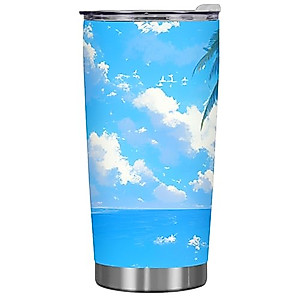 QWEUIOP 20oz Insulated Travel Coffee Mug Grunge Summer Coconut Tree Stainless Steel Tumbler with Lid Double Wall Vacuum Coffee Cup For Hot and Cold Drinks14524