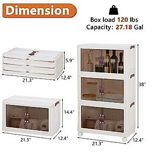 Auzfy Large Collapsible Storage Bins with Lids and Wheels,13 Gal/Pack Plastic Folding Clothes Closet Organizer System with Doors,Stackable Container Boxes for Organization and Storage(3 Packs)