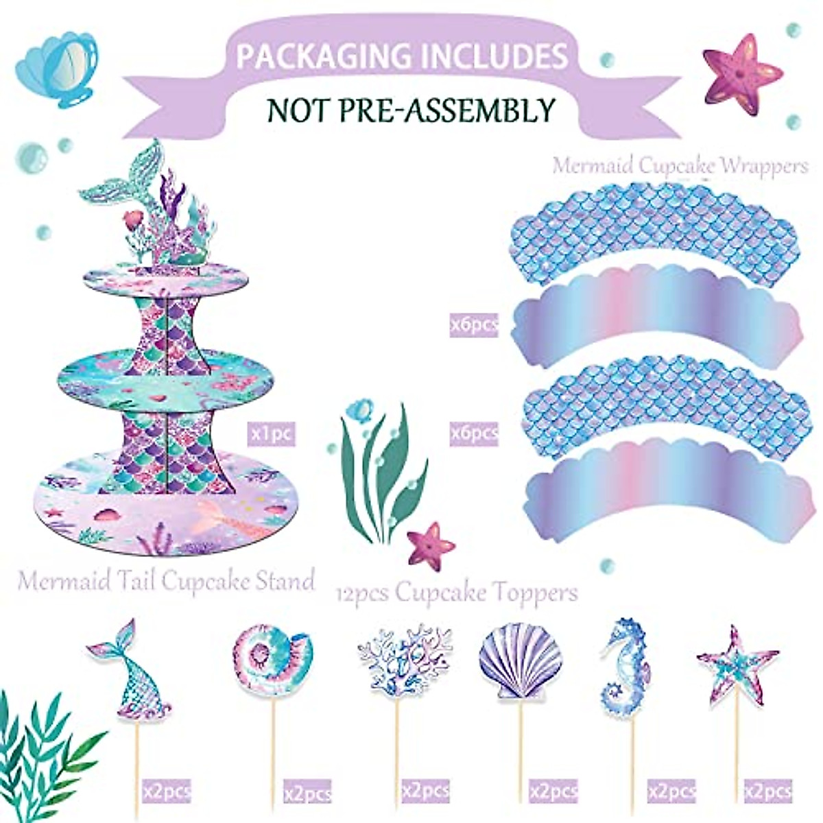 25Pcs Mermaid Cupcake Stand Mermaid Cupcake Toppers and Wrappers 3 Tier Cupcake Stand Holder Mermaid Dessert Table Cake Decor for Wedding, Showers, Birthdays Party Decoraton Supplies