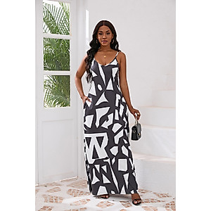 vunahzma Women's Long Dresses Sexy Floor Length V-Neck Adjustable Spaghetti Strap Sleeveless Colorful Sundresses Plus Size with Pockets in The Summer(Blackwhite XL)