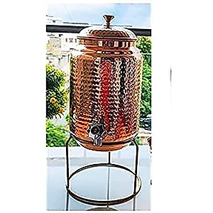 Golden Drops Pure Hammered Copper Water Dispenser with Tap & Stand Matka Water Jug Copper Pot 5 Liter With 2 Copper Hammered Water Glasses, Brown, Dispenser - 5 liter