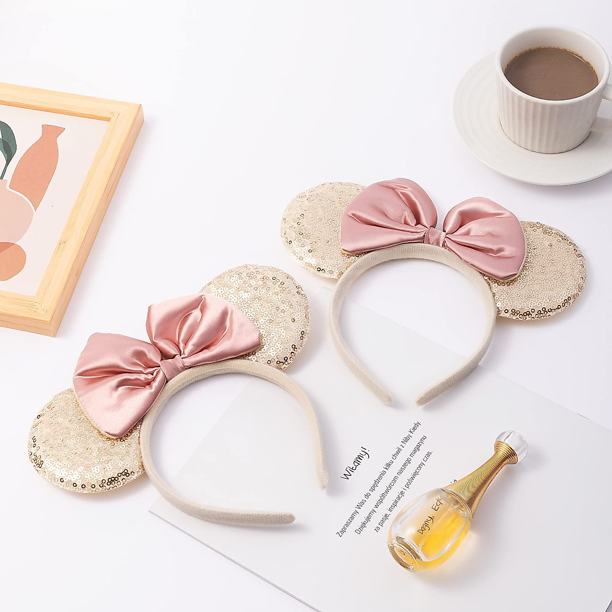 ZYTJ 2 Pcs Mouse Ears Headbands,Shiny Bows Mouse Ears Headbands for Birthday Parties, Themed Events, A Perfect Addition to Your Trip Essentials and Accessories for Women Neutral-pinkbow