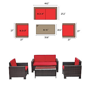 Homall 4 Pieces Outdoor Patio Furniture Sets Rattan Chair Wicker Conversation Sofa Set, Outdoor Indoor Backyard Porch Garden Poolside Balcony Use Furniture (Red)