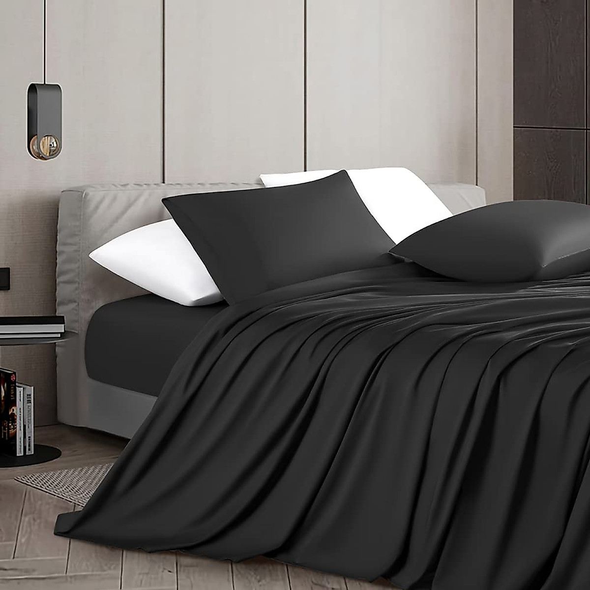 Shilucheng 100% Cotton Sheets Set - 1000 Thread Count，Luxury Egyptian Cotton Bed Sheets，Breathable & Cooling Bedding and Pillow Cases, 16 Inch Deep Pocket - 4 Piece (Black, Full)
