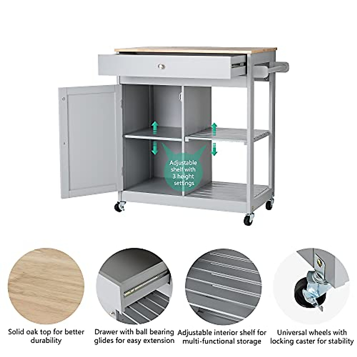 Glitzhome Kitchen Island with Storage Kitchen Cart on Wheels Rolling Kitchen Cart Island Table with Tower Holder Spice Rack Drawer for Dining Room Kitchen, 34.25”H, Gray