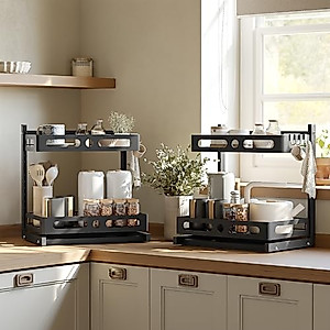 NETEL Under Sink Organizers and Storage, 2 Pack Metal Pull Out Under Cabinet Organizer with 4 Hooks,Kitchen Cupboard Organizer Shelf, Sliding Drawers for Bathroom