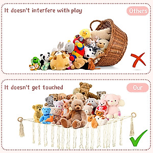 Stuffed Animal Net Hammock Macrame Boho Toy Hammock with LED String Light Stuffed Animal Hanging Storage Organizer Wall Corner Toy Net Holder Display with Tassel (Beige,43.3 x 34.6 x 34.6 Inch)