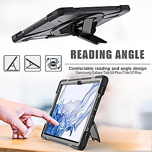 Gerutek Galaxy S7FE/S8 Plus/S7 Plus 12.4" Case 2022/2020, 3-Layer Shockproof Structure Samsung Galaxy S8+ /S7+ Tablet Case with Pen Holder, Rotatable Kickstand, Shoulder/Hand Strap, Black