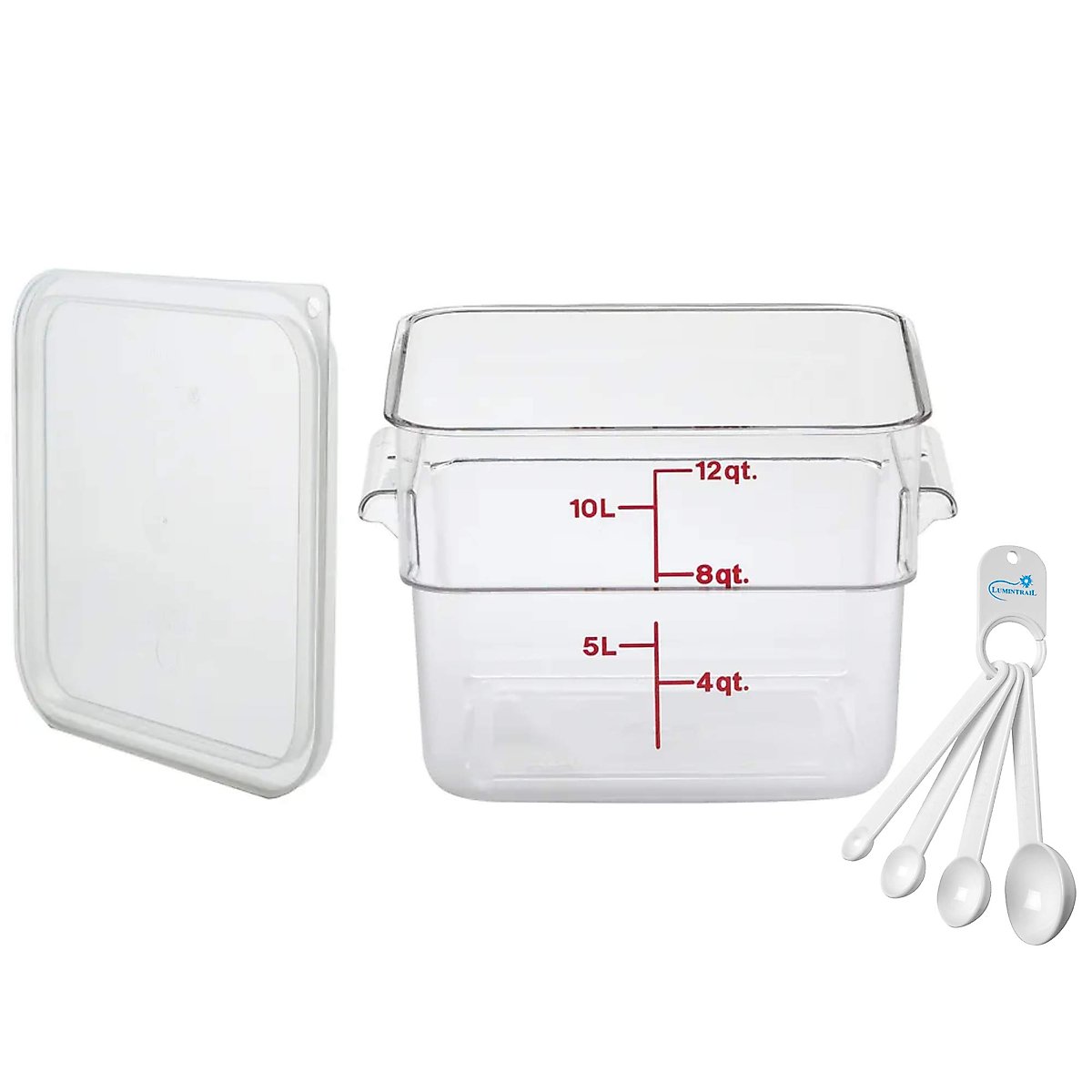 Lumintrail Cambro 12 Qt Square Food Storage Container Clear with Lid Bundle Includes a Measuring Spoon Set