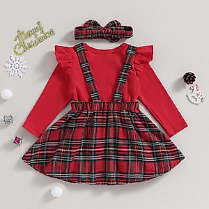 YINGISFITM My First Christmas Baby Girl Outfit Ruffle Long Sleeve Onesie Elk Embroidery Plaid Skirt Set Fall Winter Clothes (First Christmas Red, 6-9 Months)