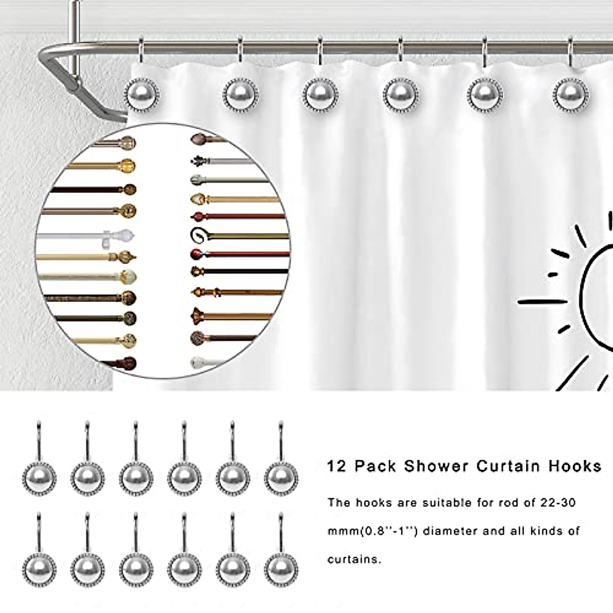 Shower Curtain Hooks, Set of 12 Chrome Shower Curtain Rings, Rust-Resistant Shower Hooks for Bathroom Shower Rod Curtains, Decorative Shower Curtain Hooks