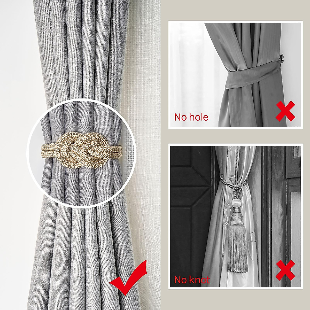 NICEEC 2 Pack Mini Magnetic Curtain Tiebacks Nordic Simple Style Drape Tie Backs Elegant Hand Weave Rope Knot Decorative Curtain Holdbacks for Home & Office Thin Window Drapery (Beige)