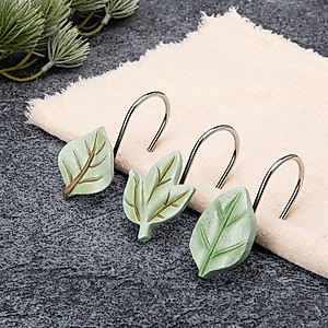 MitoVilla Plant Leaves Decorative Shower Curtain Hooks, Green Tropical Botanical Shower Hooks for Tree Leaf Shower Curtain & Liner, Rust Proof Eucalyptus Shower Curtain Rings, 12 PCS