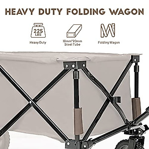 TIMBER RIDGE Folding Utility Wagon, Heavy Duty Foldable Garden Cart with Side Pocket and Cup Holders, Collapsible Wagon Cart for Garden, Sports, Shopping and Camping, Tan