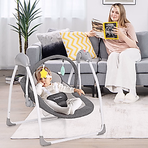 INFANS Baby Swing for Infants, Compact Portable Baby Electric Rocker for Newborn with 5 Speed Natural Sway Music Timing 2 Toys Remote Control, Easy Fold, 0-6 Months Boy Girl