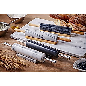 JEmarble Rolling Pin-Wooden Handles(White)(Premium Quality)Polished Surface 18-inch(10"Barrel) Genuine Stone Non-stick Save Effort Easy to Clean