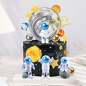34 PCS Space Cake Toppers Outer Space Astronaut Figurines Planet Satellite Balls and Stars Kids Space Theme Decorations for Birthday Party Supplies Baby Shower (Planet)