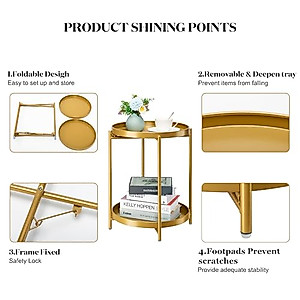 danpinera 2-Tier End Table, Outdoor Side Table Metal Round Side Table with Removable Tray, Small Folding Accent Table, Anti-Rust Nightstand for Bedroom Balcony Patio Living Room (Gold)