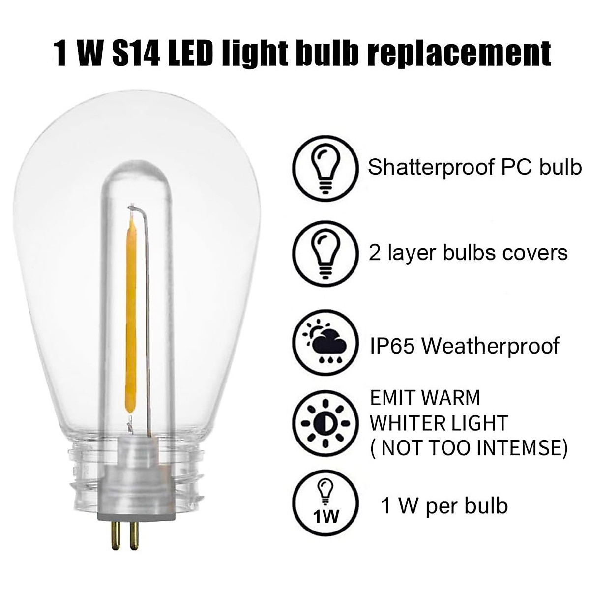Banord S14 1W LED Bulbs Replacement for 51/102FT Outdoor String Lights(10 Pack)