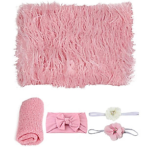 Camidy Newborn Photography Props,5pcs/Set Fluffy Blanket Mat + Ripple Wrap + Headbands Swaddle Wrap Photography Mat Outfits for Infant Boys or Girls Photoshoot Session