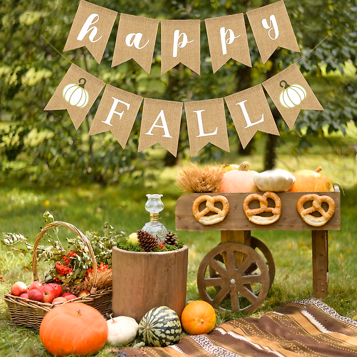Cmaone Happy Fall Burlap Banner White Pumpkin Garland Harvest Home Decor Bunting Flag Party Fireplace Thanksgiving Day Decoration