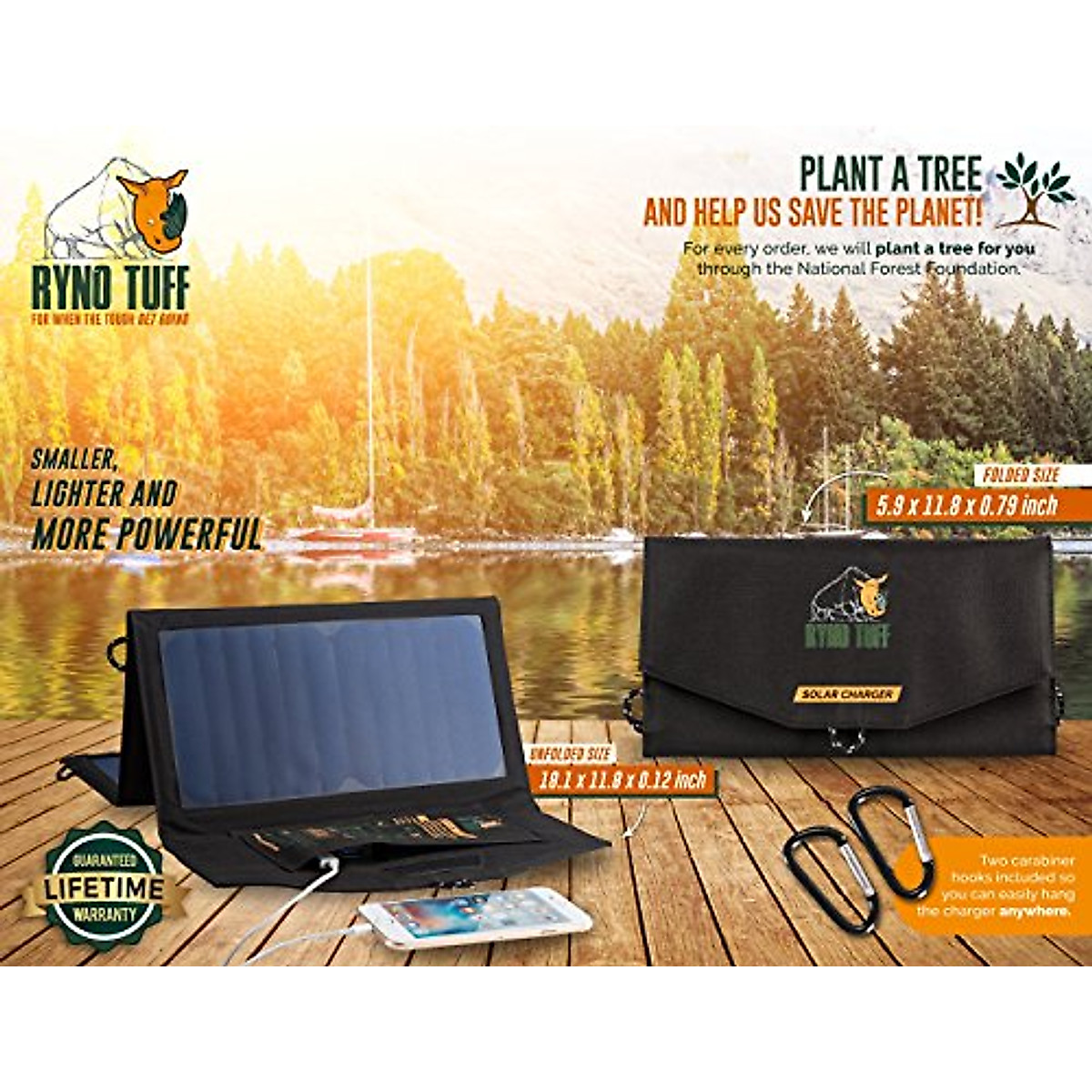 Ryno Tuff 21W Lightweight Portable Solar Charger for Camping - Foldable Solar Powered Cells with 2 USB Ports To Fast Charge Smartphones, Tablets & Battery Packs -Charge While Hiking, Camping & Fishing