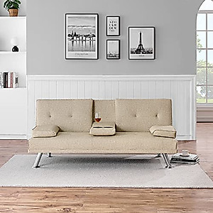 67" Leather Multifunctional Double Convertible Folding Futon Sofa Bed, Adjustable Couch Sleeper Modern for Office with 2 Cupholders, Removable Armrests (Beige)
