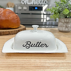AuldHome Farmhouse White Butter Dish, Vintage Style Enamelware Butter Dish with Cover
