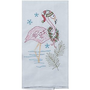 Christmas Holiday Flamingo with Wreath Embroidered Flour Sack Kitchen Dish Towel