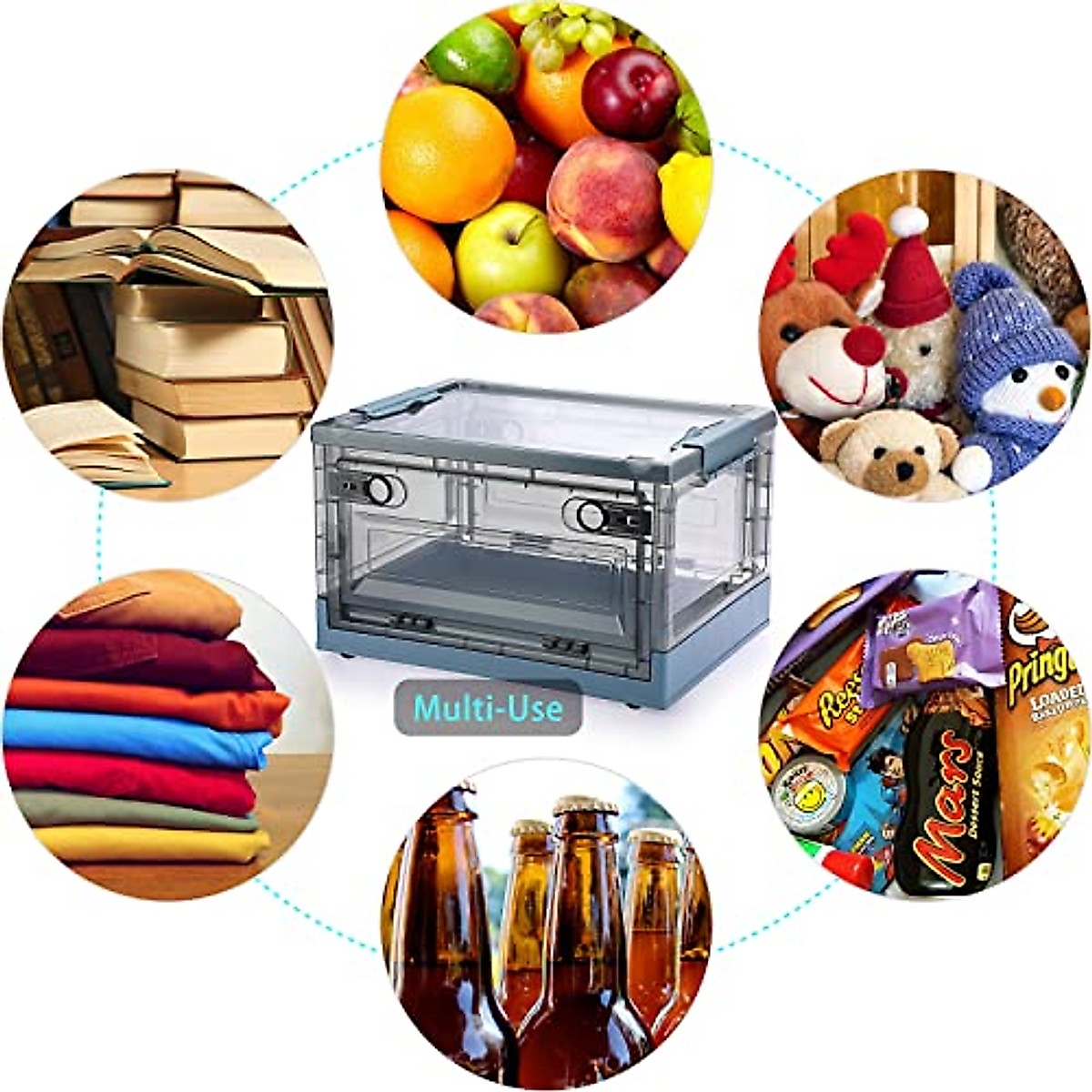 BTSKY 2 Pack Collapsible Storage Bins with Double Side Doors , 20 L Clear Plastic Folding Storage Boxes with Lid , Stackable Plastic Organization Cube Box with Wheels for Home & Office Organization, Cloth Toys Books Snacks Bottles(Blue)