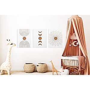 Boho Wall Art Set Of 3 Decor. Ready To Hang Framed Sun and Moon Phase Canvas Prints For Bedroom Living Room Bathroom Office. Minimalist Mid Century Modern Decor Bohemian Large 12"x16"