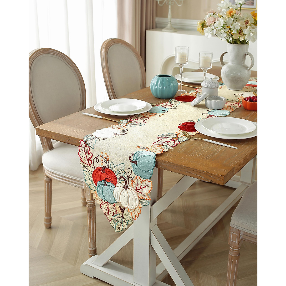 Thanksgiving Table Runner Fall Decorations for Home Fall Table Runner with Embroidered Velvet Pumpkins Maple Leaf. Halloween/ Christmas Table Decorations for Kitchen Dining Harvest Party Decor