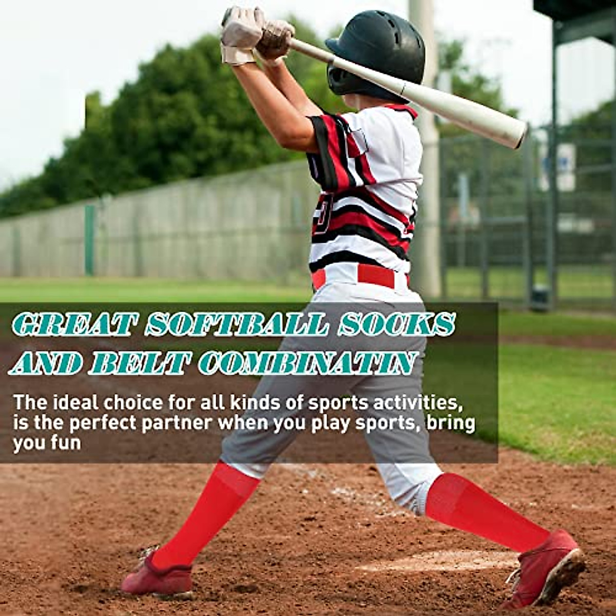 Newcotte 4 Pairs Baseball Sock and 2 Pcs Belt Combo Set Adjustable Softball Sock for Youth Boys Girls Kids Adult, Red (Medium)