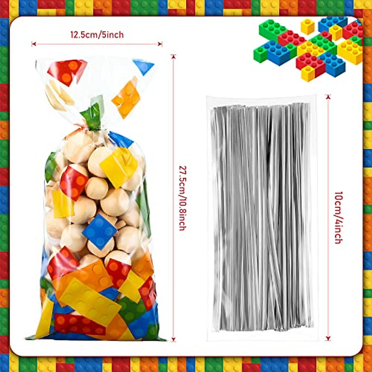 100 Pcs Building Block Cellophane Treat Bags, Color Bricks Theme Building Block Candy Goodie Bags Plastic Party Favor Bags with 100 Silver Twist Ties for Birthday Party Supplies (Clear Background)