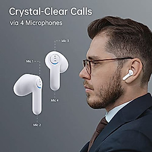 True Wireless Earbuds, 4 Mics Call Noise Cancelling Headphones 13mm Dynamic Driver for Deep Bass & Stereo Sound, Wireless Charging Case, Aadaptive EQ & Low Latency for Online Meeting & Sport（White）