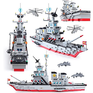 Aircraft Carrier Toy Building Blocks Set with Storage Box, 1131pcs, Army Battleship Aircraft Boat Building Toy with Army Helicopter, Come with Baseplate Lid, Gifts for Kids Boys Girls 6-12