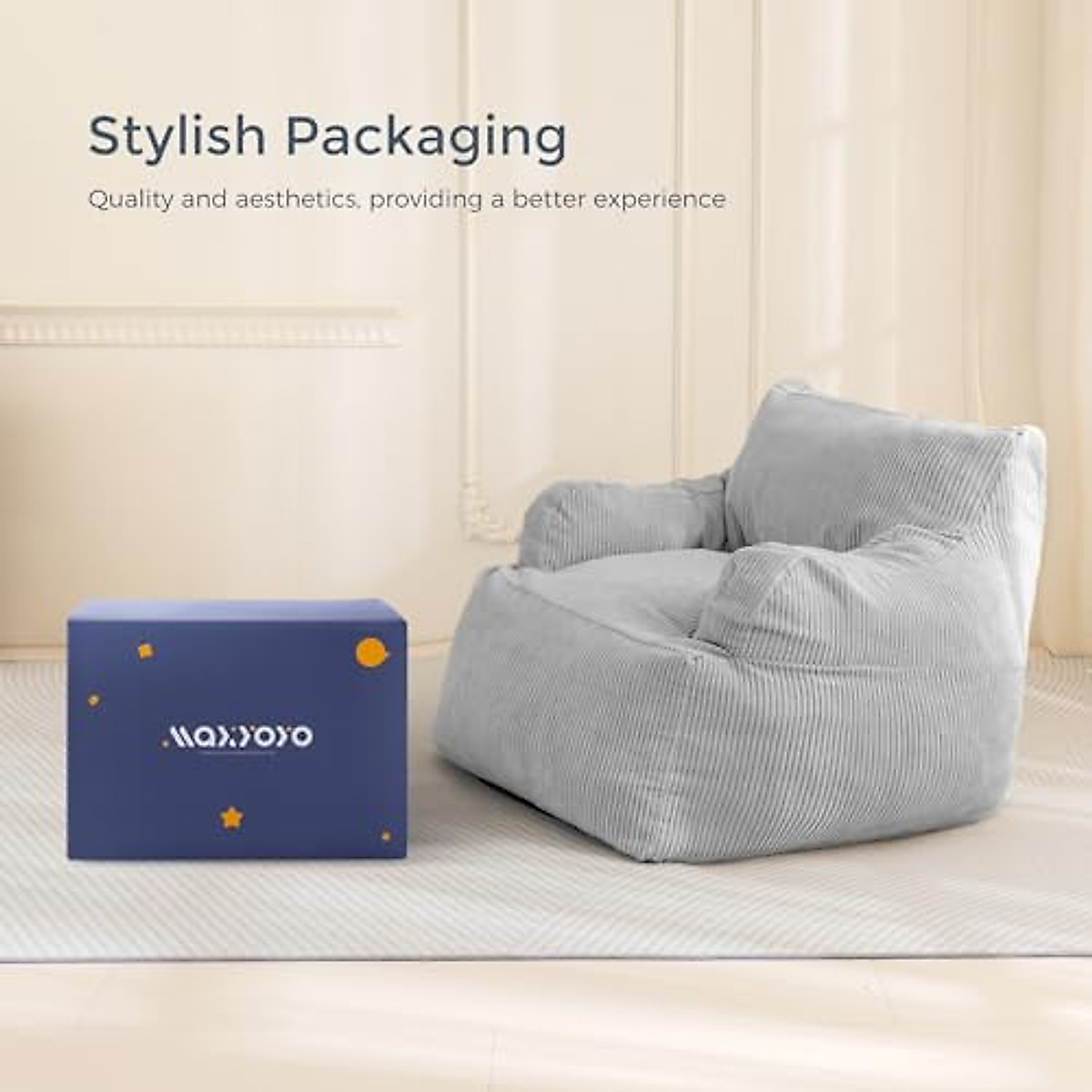 MAXYOYO Giant Bean Bag Chair, Stuffed Bean Bag Couch with Filler Large Living Room Bean Bag Chair for Adults, Big Lazy Sofa Accent Chair with Pocket Floor Chair for Gaming, Reading, Grey