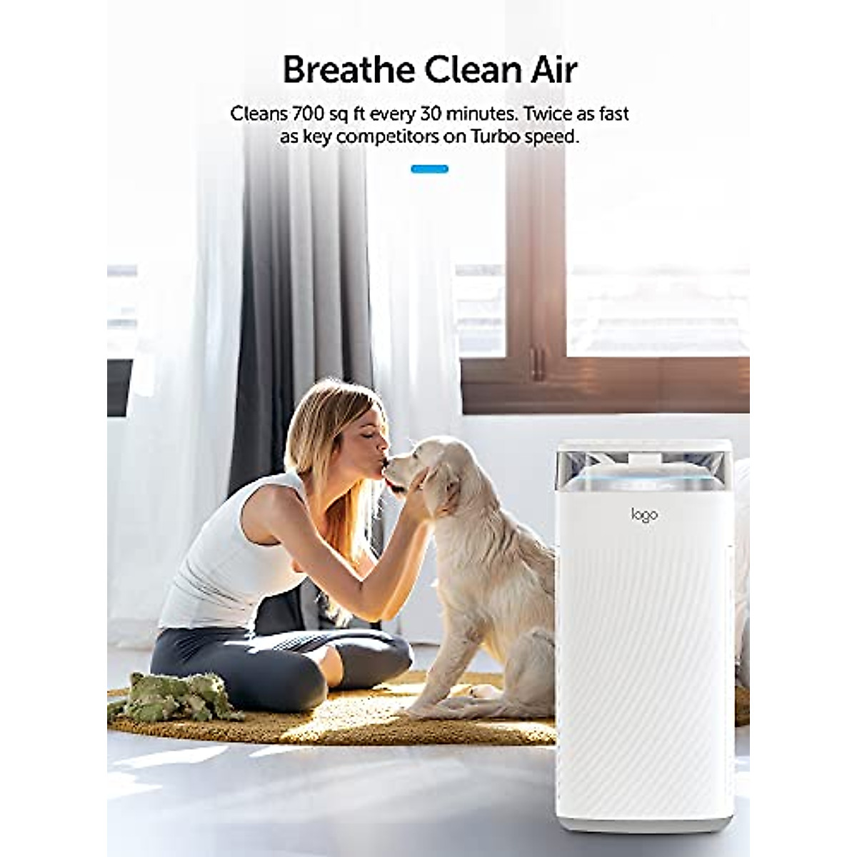 Lago Air Purifier for Home with True HEPA Odor-Reducing Carbon Filter, 3-in-1 Dual Filter Suction, Up to 645 sq ft - Silent, Multiple Purification Speeds - Reduces Pet Dander, Pollen, Smoke, Dust