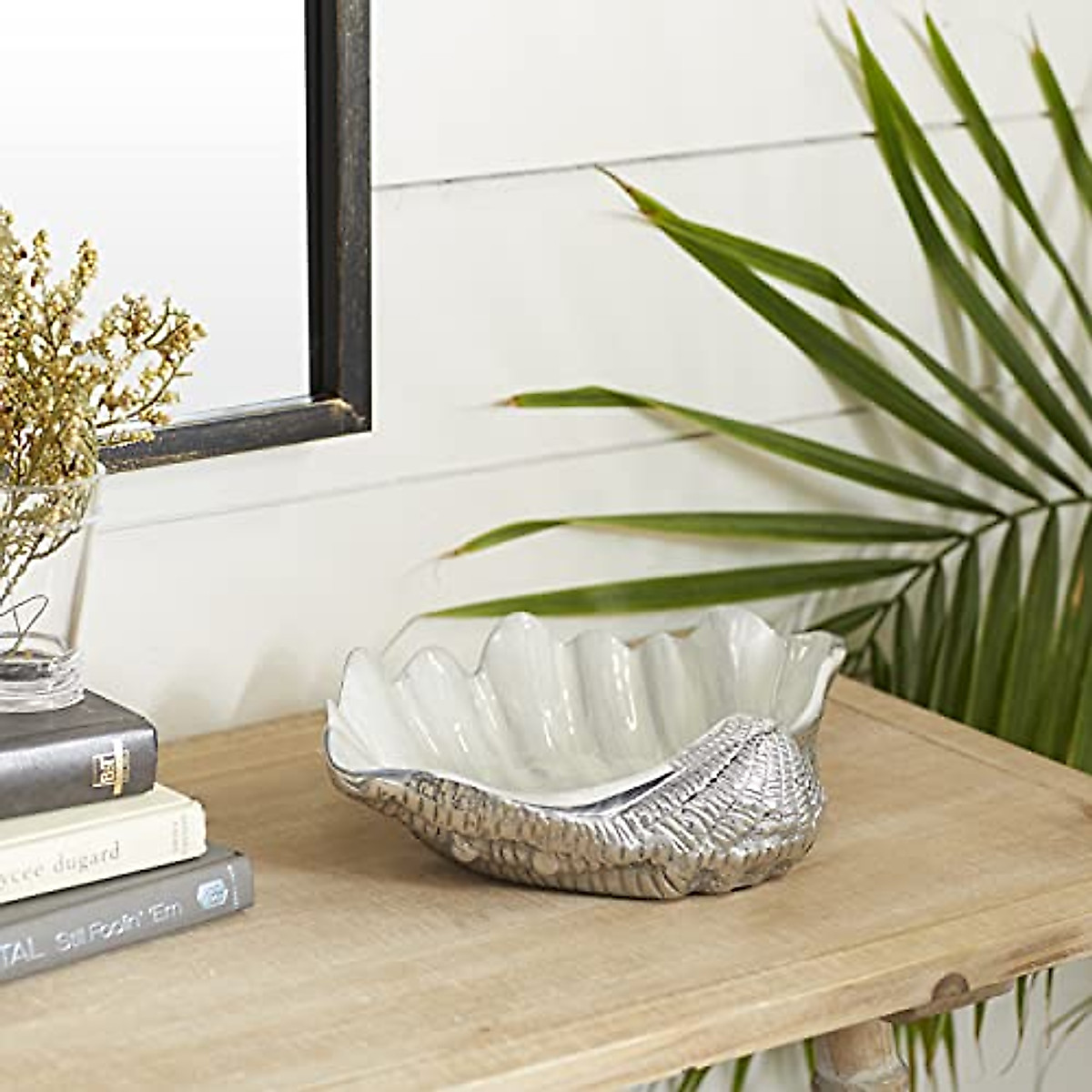 Deco 79 Aluminum Sea Life Shell Serving Bowl with Enamel Interior, 12" x 9" x 3", White