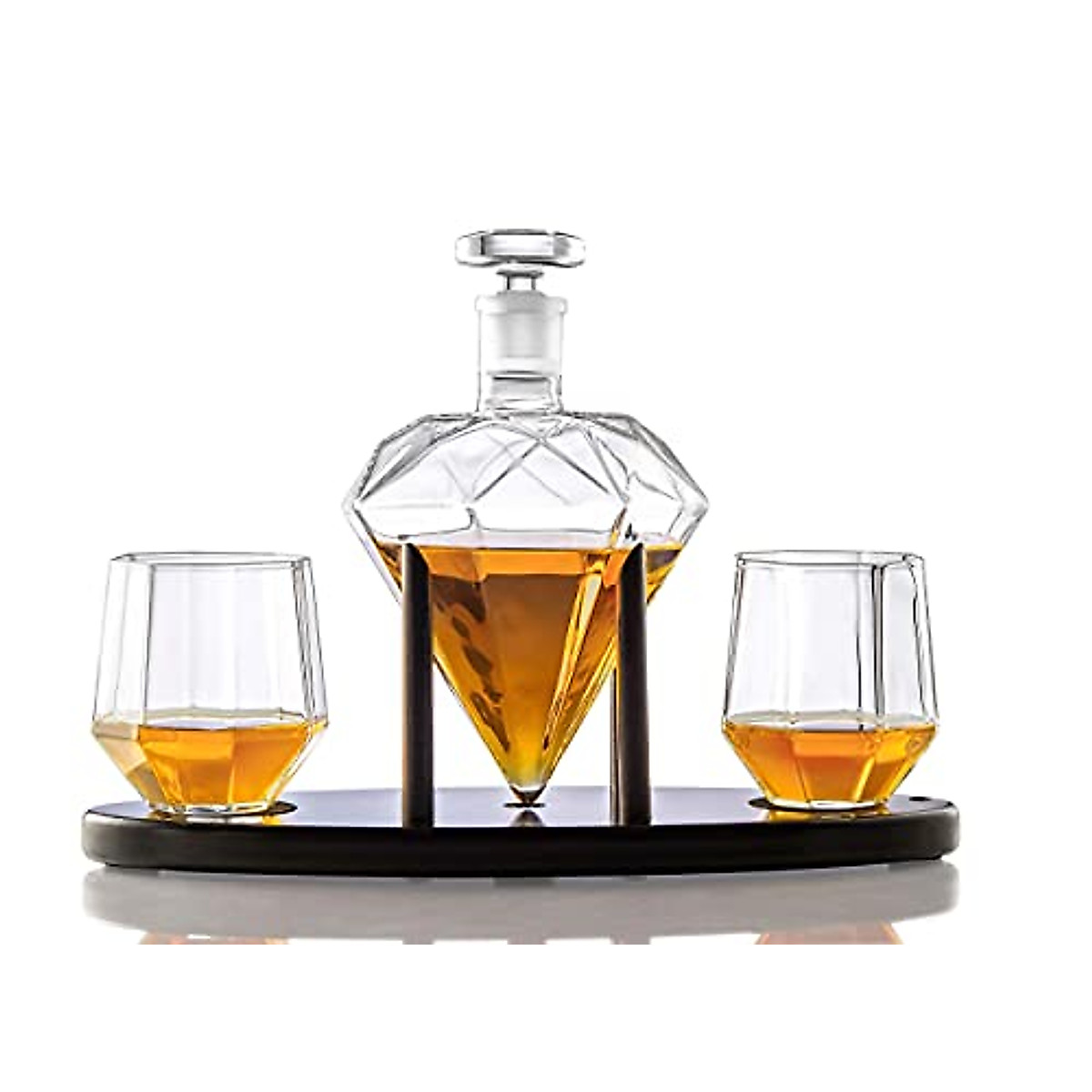 Whiskey Decanter Diamond shaped With 2 Diamond Glasses & Mahogany Wooden Holder – Elegant Handcrafted Crafted Glass Decanter For Liquor, Scotch, Rum, Bourbon, Vodka, Tequila – Great Gift Idea – 750ml