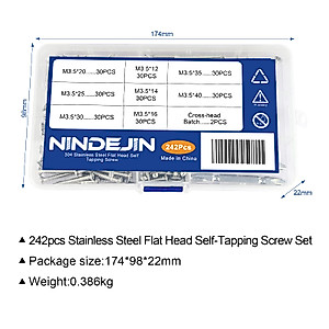 NINDEJIN Flat Head Self Tapping Screws Assortment Kit, 304 Stainless Steel Wood Screws, M3.5 Phillips Drive Self Tapping Screws, 240 pcs Self-Tapping Screws Set with 2 pcs Phillips Screw Bit (12-40mm)