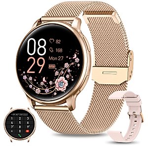 Smart Watch for Women(Answer/Make Calls), 1.3'' AMOLED Bluetooth Smartwatch for Android Phones iPhone Compatible, IP68 Outdoor Fitness Tracker with Heart Rate, Blood Pressure, SpO2 Monitor, Watch Gold